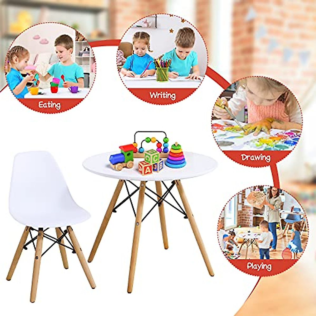 BETTARY Table and Chair Set, 3-Piece Kids Dining Learning Furniture Set, Kids Size Plastic Table and Chairs w/Beechwood Legs for Home Daycare Preschool, Play Table for Toddler Gifts, White (2 Chairs)