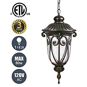GOALPLUS Outdoor Pendant Light Fixture for Porch, 20 1/2" High Antique Bronze Hanging Patio Light Fixture, Exterior Waterproof Ceiling Hanging Lantern with Clear Seeded Glass, LMP0519-M