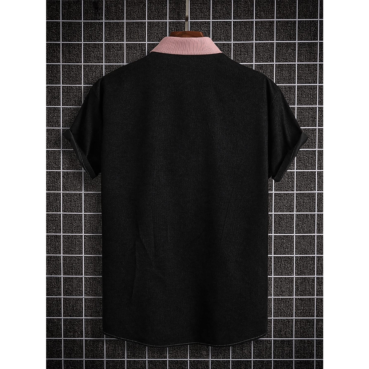 Milumia Men's Casual Button Up Shirt Pocket Short Sleeve Colorblock Blouse Tops Pink and Black Large