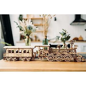 Wood Trick Wooden Toy Train Set with Railway - 34x7″ - Locomotive Train Toy Mechanical Model Kit - 3D Wooden Puzzles for Adults and Kids to Build - Engineering DIY Wooden Models for Adults to Build