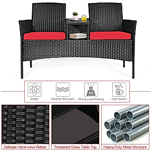 RELAX4LIFE Conversation Furniture Set with Table and Two Removable Cushions Rattan Wicker Chairs and Table Set for Patio,Garden, Baloney and Lawn Outdoor Porch Furniture Sets Loveseat (Black+Red)