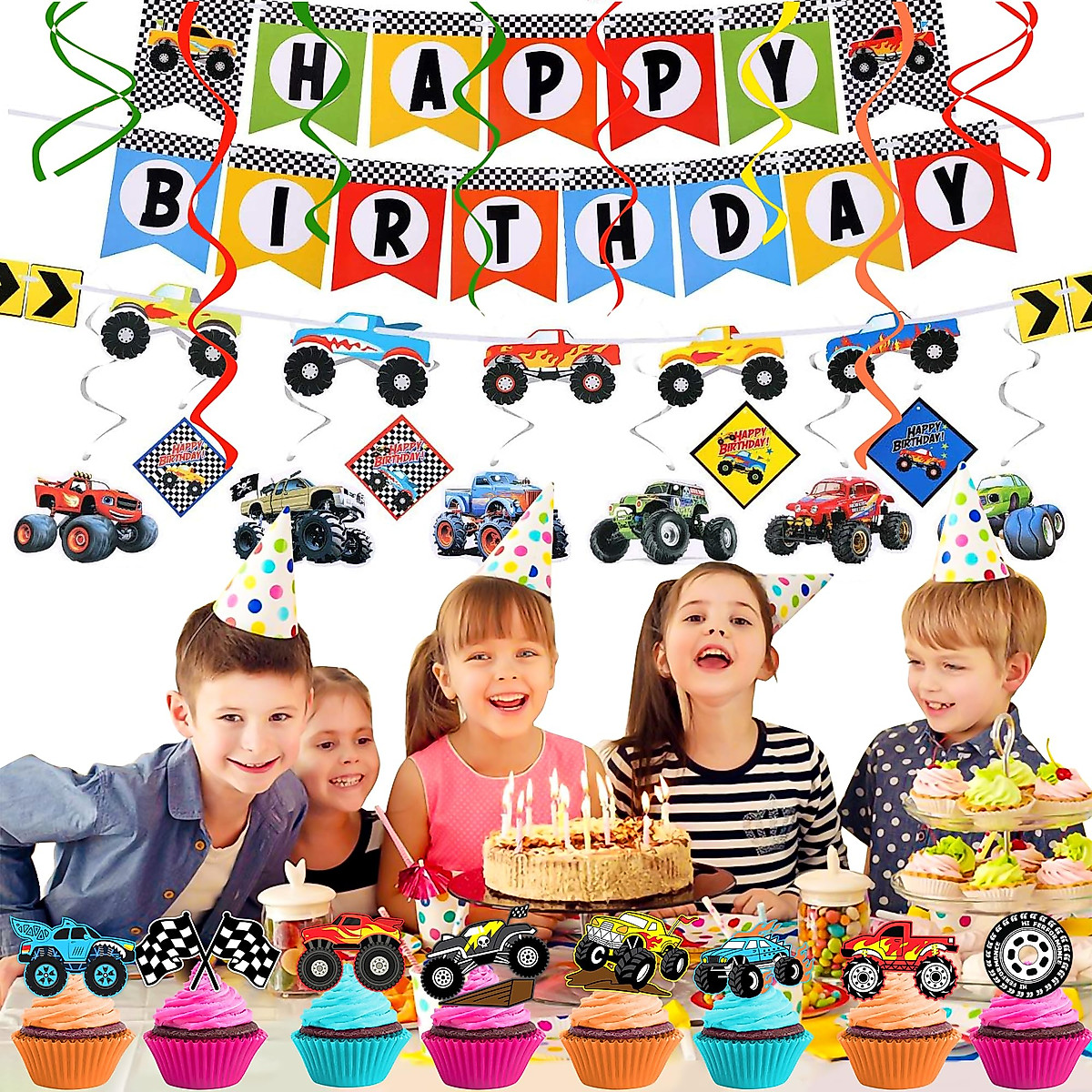 25 PCS Monster Truck Trucks Theme Birthday Party Cake Topper Cupcake Toppers Supplies Decorations Favors Decor Cute Gifts for Games Boys Girls Kids Teen Baby Shower Rewards Prizes Carnival Themed