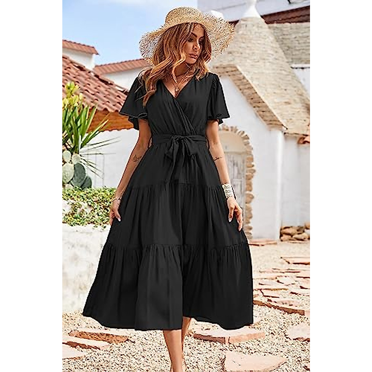 PRETTYGARDEN Summer Dresses for Women 2023 V Neck Wrap Short Sleeve Boho Midi Dress Tie Waist A Line Beach Sun Dresses (Black, Medium)