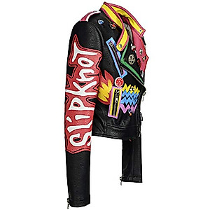 LC WANCHENG GLOBAL TRADE Women's graffiti black sexy motorcycle jacket cartoon print short punk leather jacket (Black, 4XL)