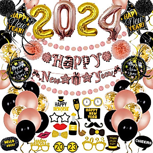 2024 Happy New Year Party Supplies, Foil Balloons Set, Happy New Year Banner, Latex Balloons, Curtains, Paper Pompoms for Home Outdoor Decor New Years Eve Party Supplies 2024, Black and Gold