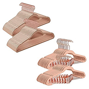 SONGMICS 50-Pack Velvet Hanger and 24-Pack Pants Hanger Bundle, Clothes Hanger with Rose Gold Swivel Hook, Coat Hangers with Movable Clips, Pale Brown and Light Pink UCRF021LB59 and UCRF14PK24