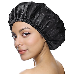 Yanibest Shower Cap for Women - Hair Satin Bonnet Shower Cap for Men Waterproof Extra Large Double Layer Reusable Adjustable for Braids Long Hair (Large,Black)