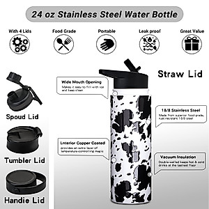 Boelia Cow Print Water Bottles Insulated Stainless Steel Water Bottle,4 lids Water Bottle with Straw Vacuum Insulated Keep Hot and Cold BPA Free 24 oz for Workout，Travel，Sports, Camping