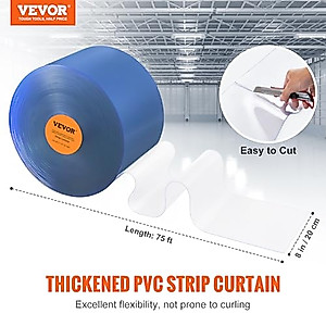 VEVOR Strip Curtain, 75' Length x 8" Width x 0.08" Thickness, Clear PVC Smooth Curtain Strip Door Bulk Roll, Plastic Door Strips for Doorways of Supermarket, Garage, Warehouse, Barn, Pet Animal House