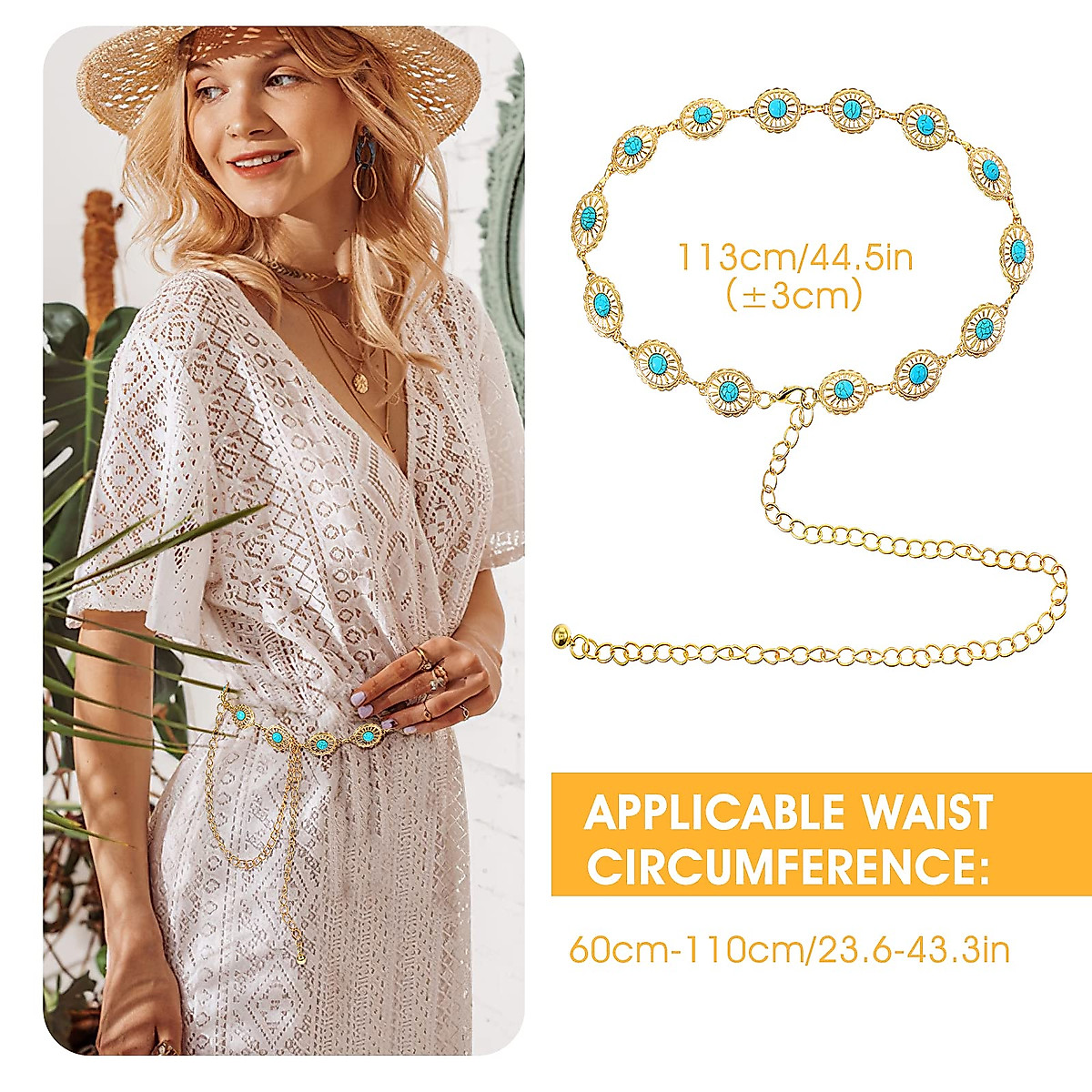 cobee Concho Chain Waist Belts for Women, Turquoise Western Metal Belt Adjustable Cowgirl Belt with Buckle for Jeans Dresses (Gold)