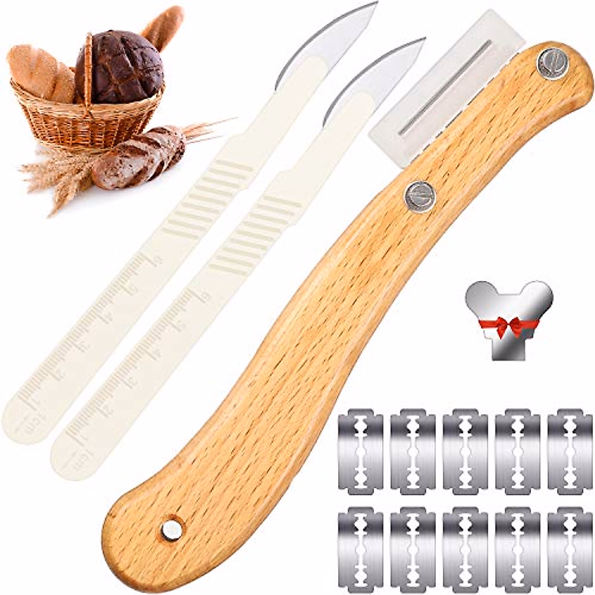 Bread Lame Knife with 10 Pieces Replaceable Blades Wooden Handle Lame Slashing Tool and 2 Pieces Dough Scoring Knife with Plastic Protective Cover for Making Bread Tool