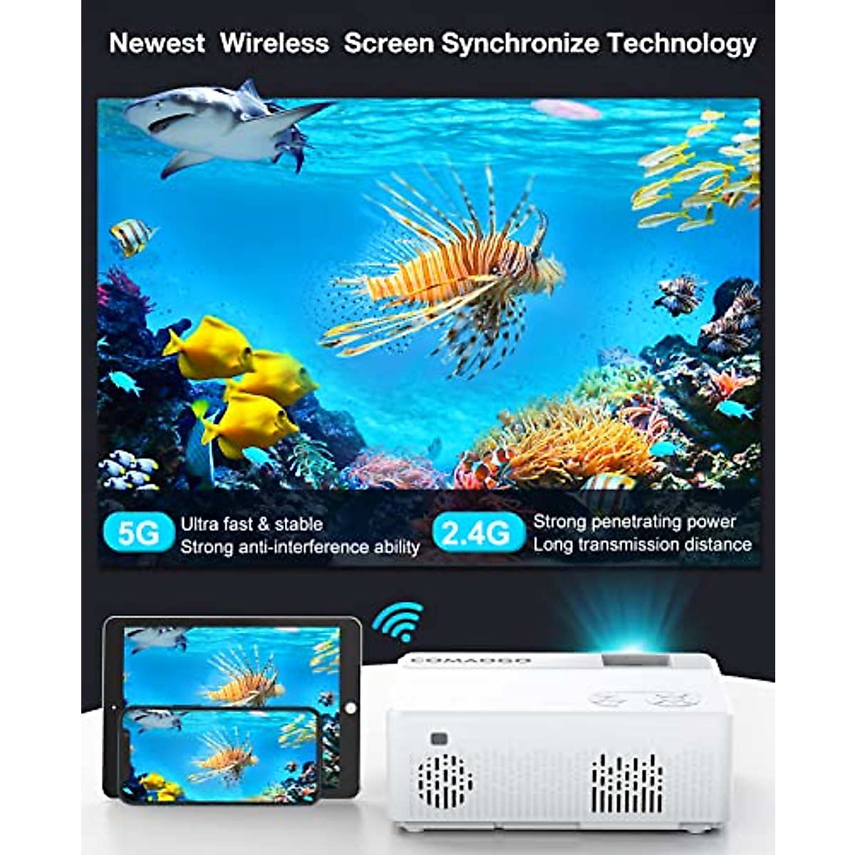 WiFi Projector with Bluetooth 5.1, COMAOGO Mini Projector 9500 Lumens 1080P 220” 5G Mirroring Movie Portable HD Projectors for TV, PC, HDMI, USB, VGA, iOS/Android