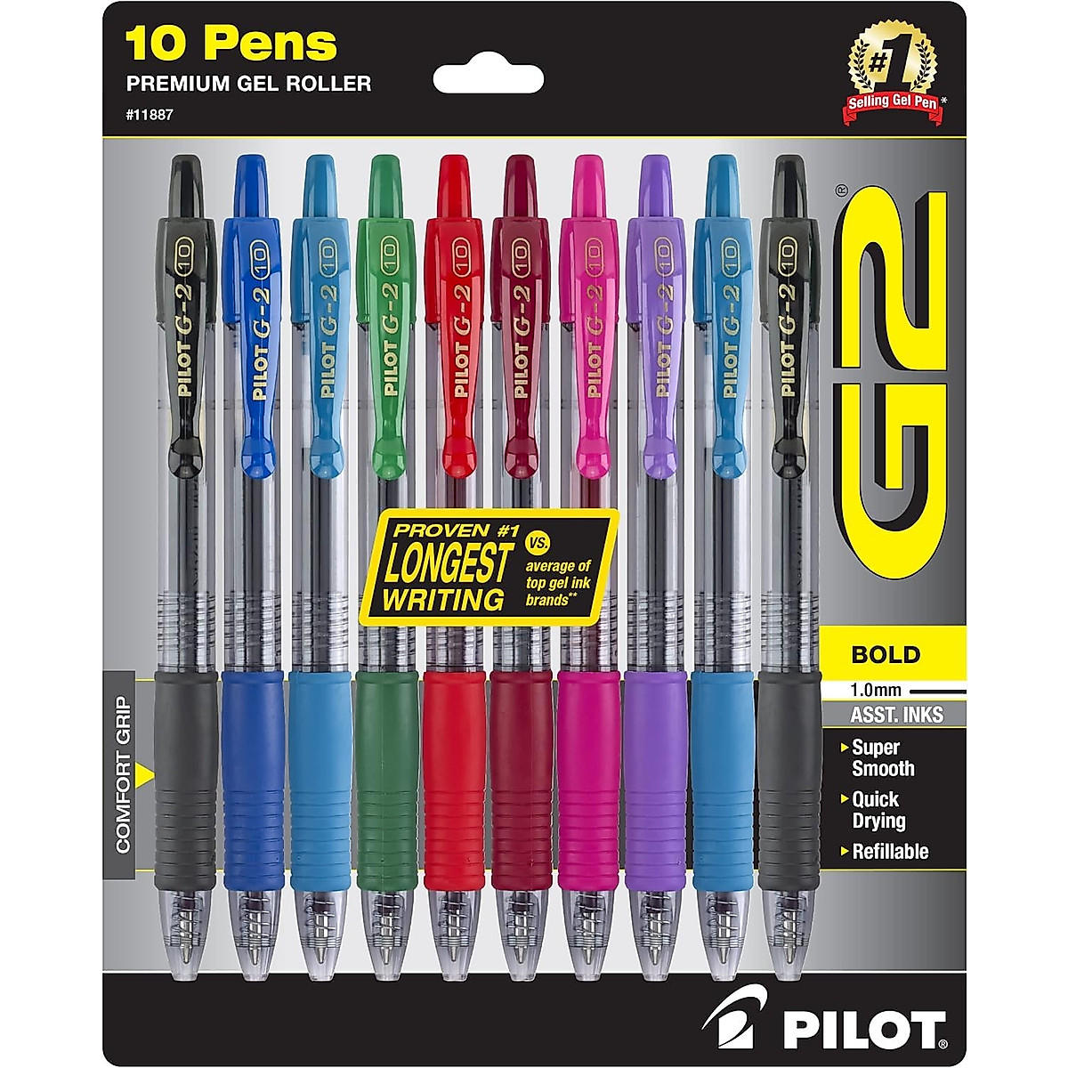 Pilot G2 Premium Retractable Gel-Ink Rolling Ball Pens, Bold Point (1.0mm), Assorted, 10/Pk (11887)