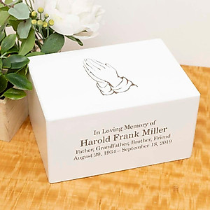 Deering Moments Custom Engraved Lacquered Funeral Cremation Urn for Human Ashes, Religious Praying Hands Design (X-Large)