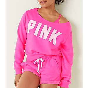 Victoria's Secret Women's PINK Logo Raw Neck Crew Sweatshirt, Pink, (XL)