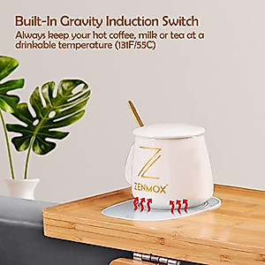 Zenmox Bamboo Clip On Couch Tray Built-in Mug Warmer with Mug Set - Table for Food, Drink Holder - Modern, Sleek Design - with 360° Rotating Phone Holder