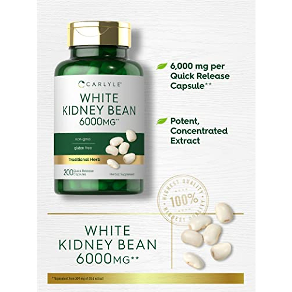 Carlyle White Kidney Bean | 6000mg | 200 Count | Non-GMO & Gluten Free Extract