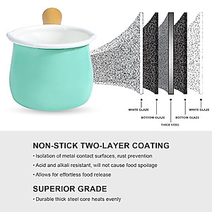 Enamel Milk Pan, Mini Butter Warmer 4 Inch 550ml Milk Pot Half Quart Saucepan Small Enamelware with Wooden Handle for Heating Milk, Melting Butter, Boiling Water