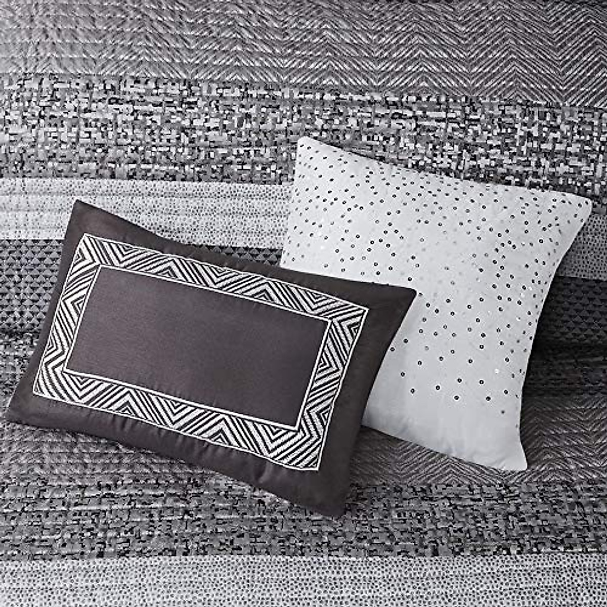 Madison Park Quilt Set Luxurious Jacquard Stripes Design - All Season, Coverlet Bedspread Lightweight Bedding Layer, Shams, Decorative Pillow, Full/Queen(90"x90"), Chevron Grey/Taupe 6 Piece