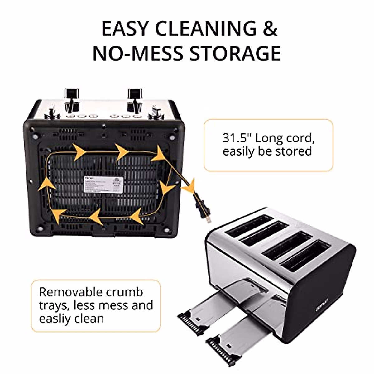 Gohyo 4 Slice Toaster 100% Stainless Steel with Wide Slots & Removable Crumb Tray for Bread & Bagels（4 Slice,Black）