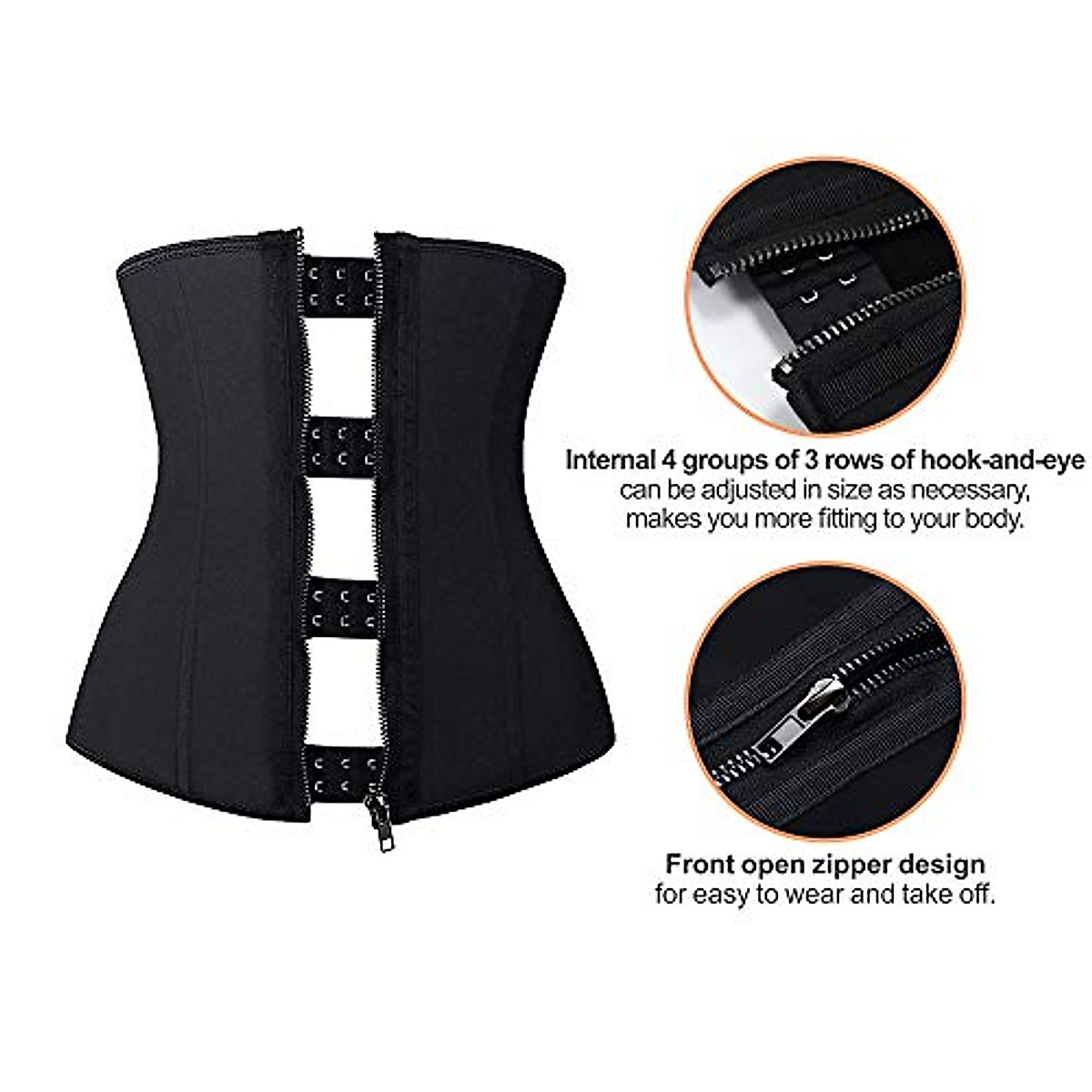 YIANNA Latex Waist Trainer Corsets Zipper Underbust Sport Girdle Hourglass Body Shaper for Women, YA2219-Black-S