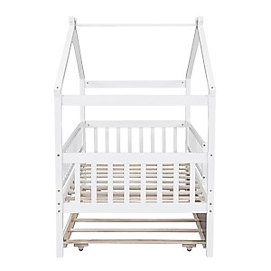 Twin House Bed with Trundle, House Bed for Kids, Wooden Daybed Twin Platform Bed Frame with Guardrails and Roof, for Girls Boys, Easy Assembly (Twin Size, White)