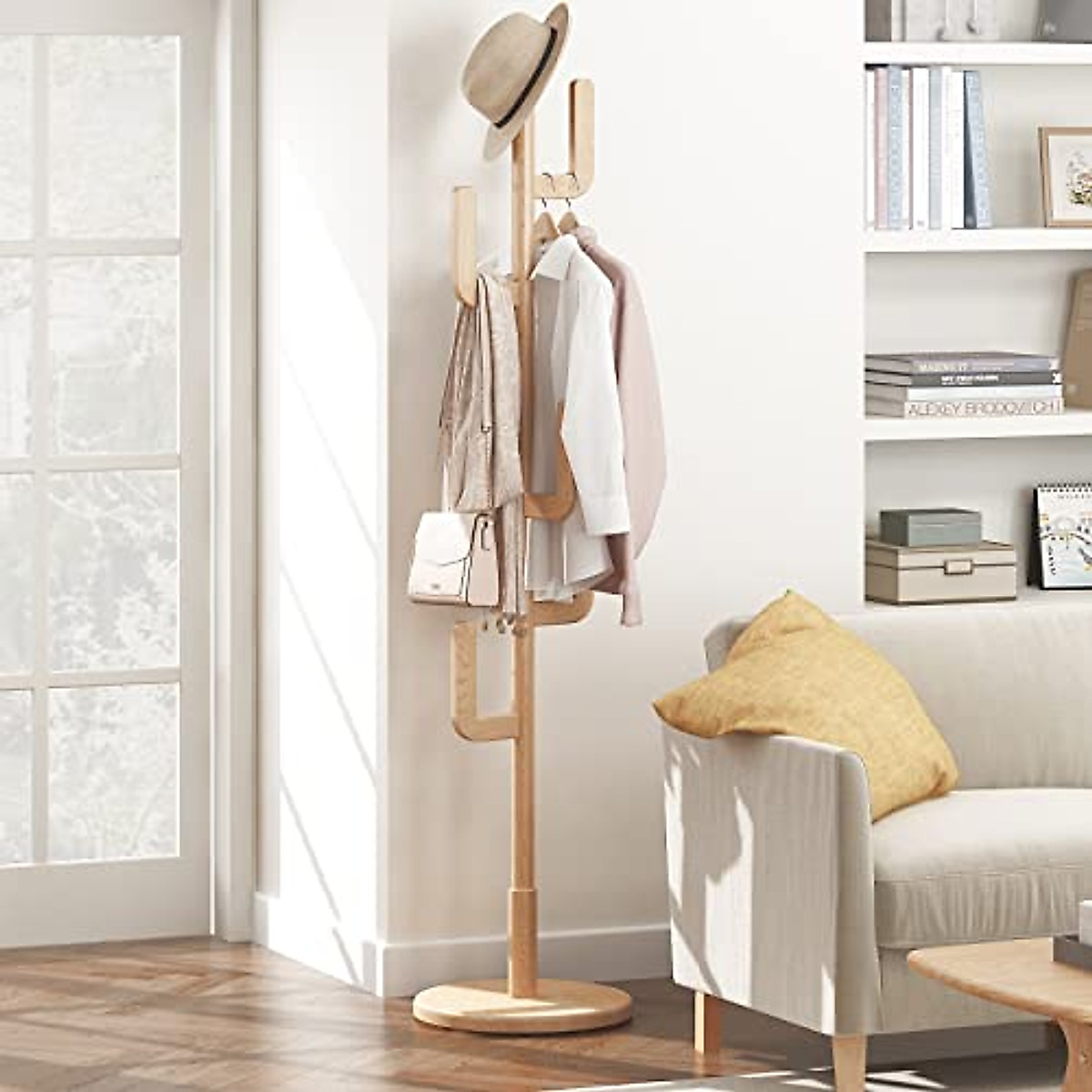 KungFuWood Coat Rack, Solid Wood Cactus Coat Rack Stand, Freestanding Coat Rack with 6 L-shaped Hooks and 3 Adjustable Sizes, Sturdy and Easy to Assemble Coat Tree for Entryway, Bedroom (Natural)