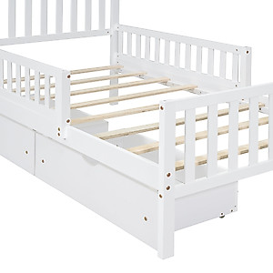 NCKMYB Kids Twin Bed with Guardrails, Low Platform Bed with Headboard and Footboard, White Children Bed Frame with 2 Drawers for Boy Girl