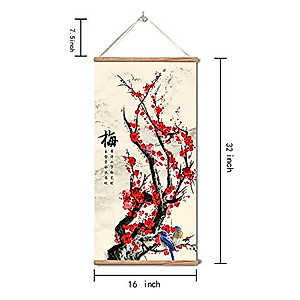 zhugege Plum Bossom Flower Painting,Wall Art for Living Room Bedroom,Chinese Traditional Meticulous Painting,Posters and Printing,Fixed Wooden Hanging Scroll (16”x32”) (16”x32”)