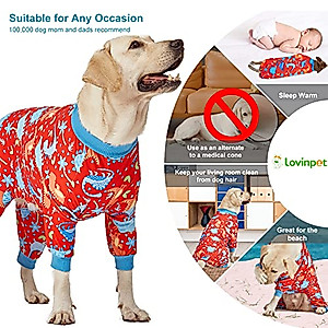 LovinPet Pitbull Dog Pajamas, Large Dog Onesies for Surgery/Wound Care, Lightweight Stretchy Knit Fabric, Dinosaur Jungle Red Print Dog PJ's UV Protection, Pet Anxiety Relief, Dog Costume/XXL