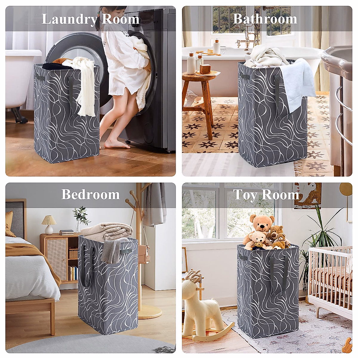 1-Pack Large Laundry Basket, 75L Collapsible Laundry Hamper with Long Handles, Waterproof Freestanding Clothes Hamper Laundry Bin for Bedroom, Bathroom, Dorm, Toys Organizer -Grey Waves