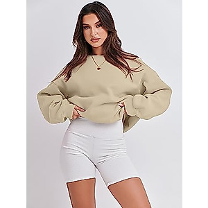 Caracilia Women's Long Sleeve Sweatshirts Crewneck Loose Fit Cotton Fuzzy Khaki Pull Over 2023 Fall Fashion Outfits Oversized Cute Teen Girls Solid Y2K Fleece Hoodie C102A6-zongse-M