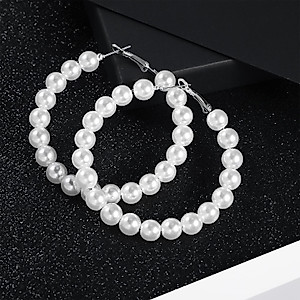 1950s Pearl Hoop Earrings White Pearl Earrings Drop Dangle Earrings for Women Bridal Presents (Silver Earpins,2.16 Inch)