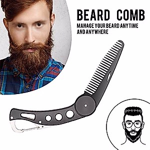 Stainless Steel Folding Beard Comb, Portable Multifunction Anti Static Fine to Medium Metal Hair Comb for Men Grooming, Combing Hair, Beard, and Mustache Styling