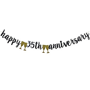 Happy 35TH Anniversary Banner,Pre-Strung, Black Paper Glitter Party Decorations For 35TH Wedding Anniversary Party Supplies Letters Black ZHAOFEIHN