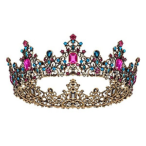 SWEETV Queen Crown for Women - Baroque Wedding Tiaras and Crowns, Jeweled Costume Tiara Princess Crown, Prom Birthday Party Halloween Hair Accessories, Old Gold + Hot Pink
