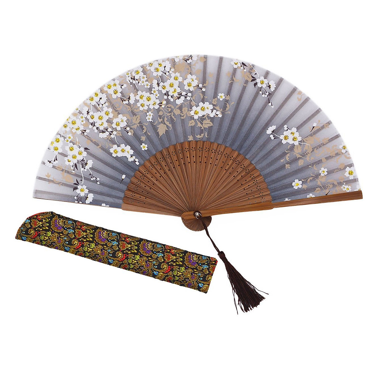 Amajiji Charming Elegant Modern Woman Handmade Bamboo Silk 8.27" (21cm) Folding Pocket Purse Hand Fan, Collapsible Transparent Holding Painted Fan with Silk Pouches/Wrapping. (CZT-06)