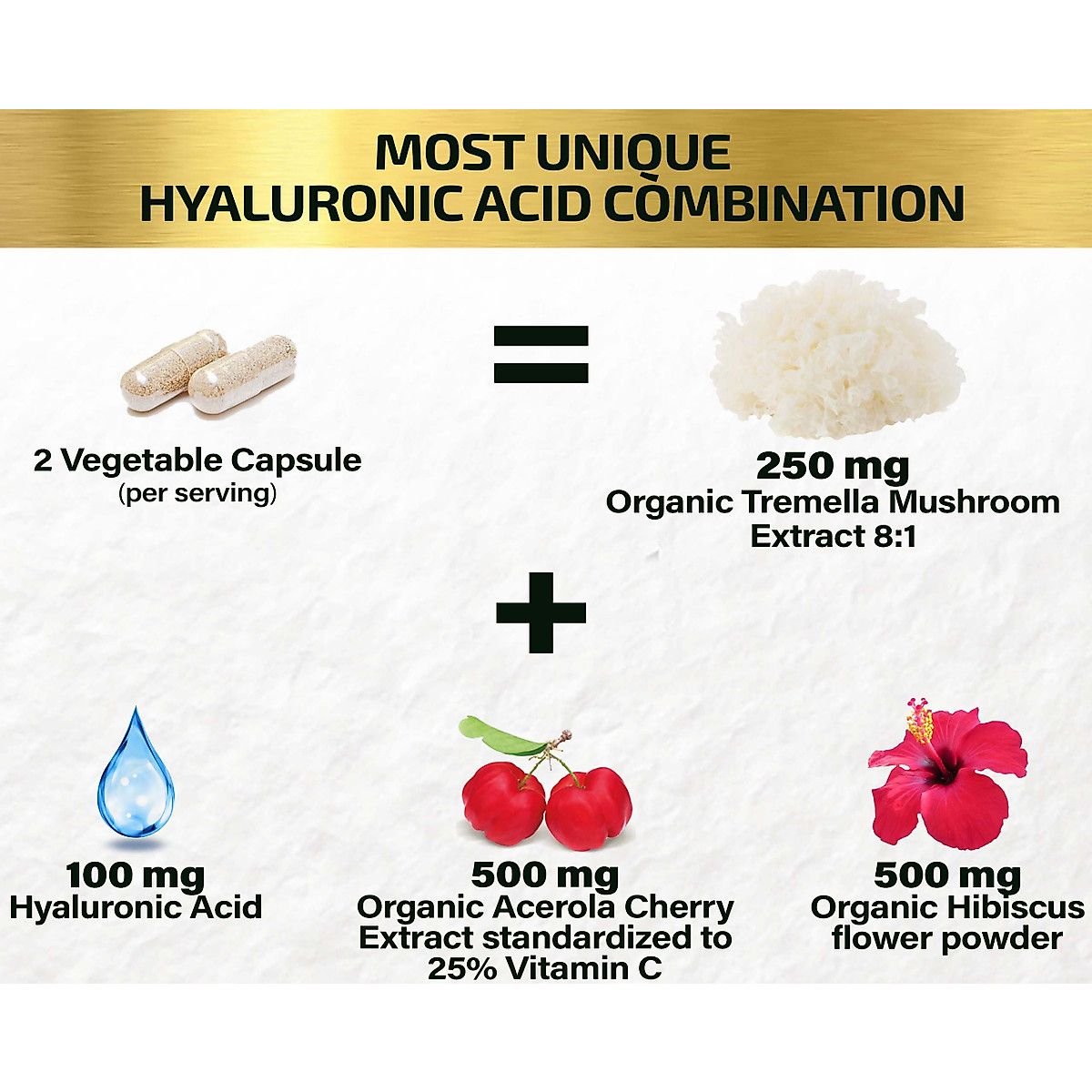 Natural Hyaluronic Acid Supplement 5X Stronger Hydration Pills from Pure Tremella Mushroom with Vitamin C & Hibiscus - Skin Supplement Anti Wrinkle Dietary Capsules - Hair Nails Vitamins