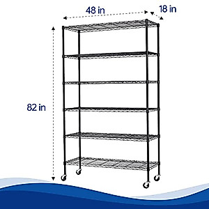 Storage Shelves 2100Lbs Capacity, 6-Shelf on Casters 48" L×18" W×72" H Commercial Wire Shelving Unit Adjustable Layer Metal Rack Strong Steel for Restaurant Garage Pantry Kitchen,Black