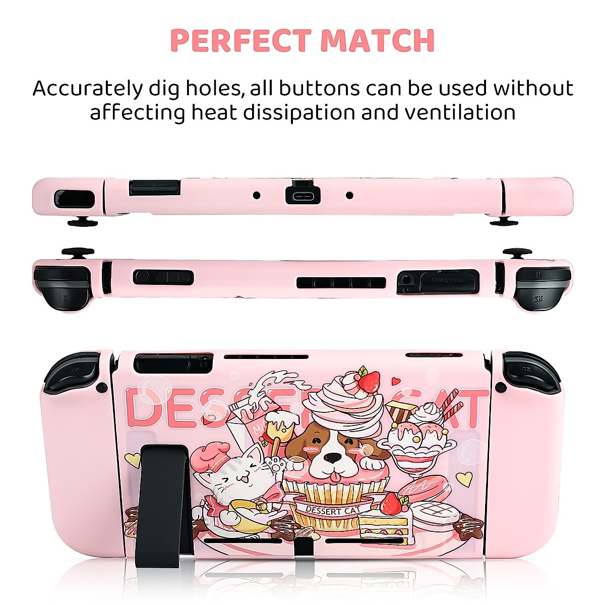 Cute Case for Nintendo Switch, FANPL Soft TPU Protective Cover Compatible with Switch Console and Joy Con Controller, Pink Dockable Shell, Kawaii Switch Skin Accessories - Dessert Cat & Dog Pattern