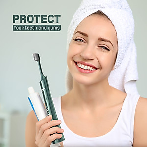 Wagner Stern ultrasonic whitening Electric Toothbrush with 8 Charcoal Black Brush Heads. for Fresh Breath & Healthy Smile. (Green)