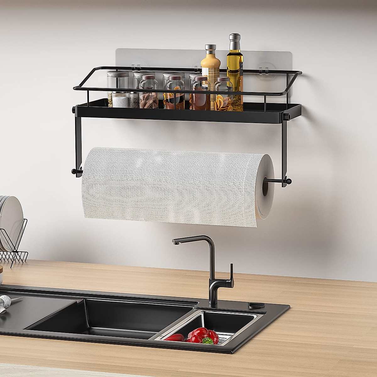 Adhesive Paper Towel Holder Shelf, 2-in-1 Wall Mounted Black Paper Towel Roll Rack Basket for Kitchen,Shower Bathroom & Balcony,Rustproof,No Drilling,SUS 304 Stainless Steel