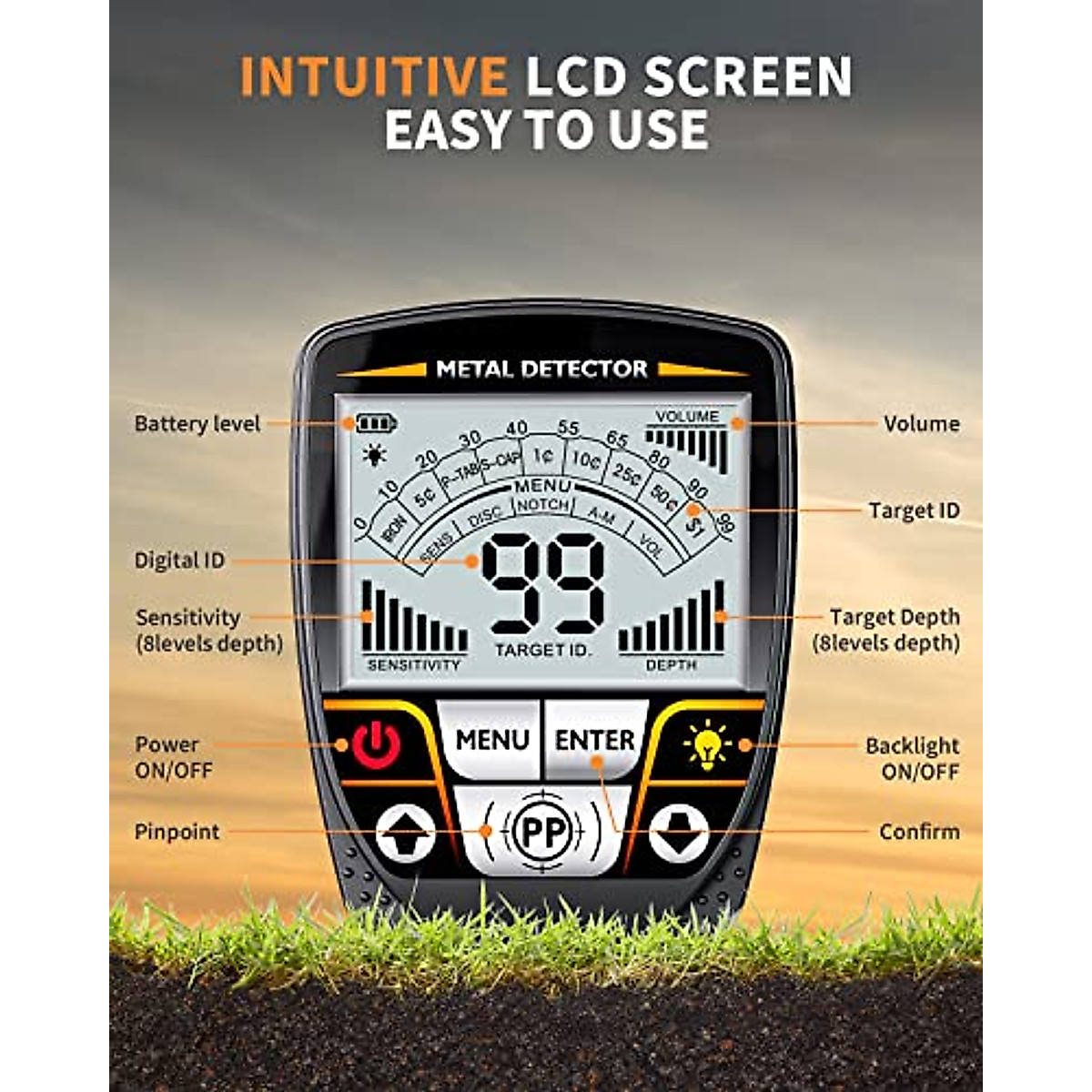 Foldable Metal Detector, Professional Waterproof Gold Silver Detector, Backlit LCD Display, High Accuracy Coil Metal Detectors for Treasure Hunting, Orange