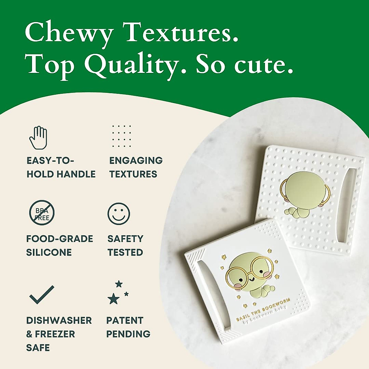 Basil The Bookworm Baby Teether - Premium BPA Free Silicone Teething Toy | Perfect for Baby Showers | Unique Book-Shaped Design | Freezer & Dishwasher Safe (Age: 3+ Months)