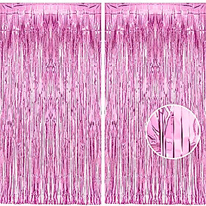 Foil Fringe Curtain Christmas Party Decorations - Pink Metallic Tinsel Photo Booth Backdrop Party Steamers Curtains for Birthdays Valentines Engagement Bachelorette Celebration