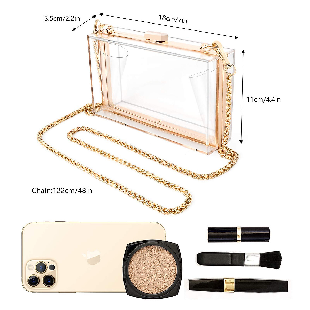 WJCD Women Clear Purse Acrylic Clear Clutch Bag, Shoulder Handbag With Removable Gold Chain Strap (Gold)