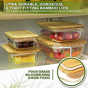 Bambooware Glass Containers with Lids | Non Plastic Glassware Set - Natural Raw Organic Wooden Bamboo Lids | Set of 4 | Reusable, BPA Free | Perfect for Meal Prep, Lunch, Leftovers, Kitchen