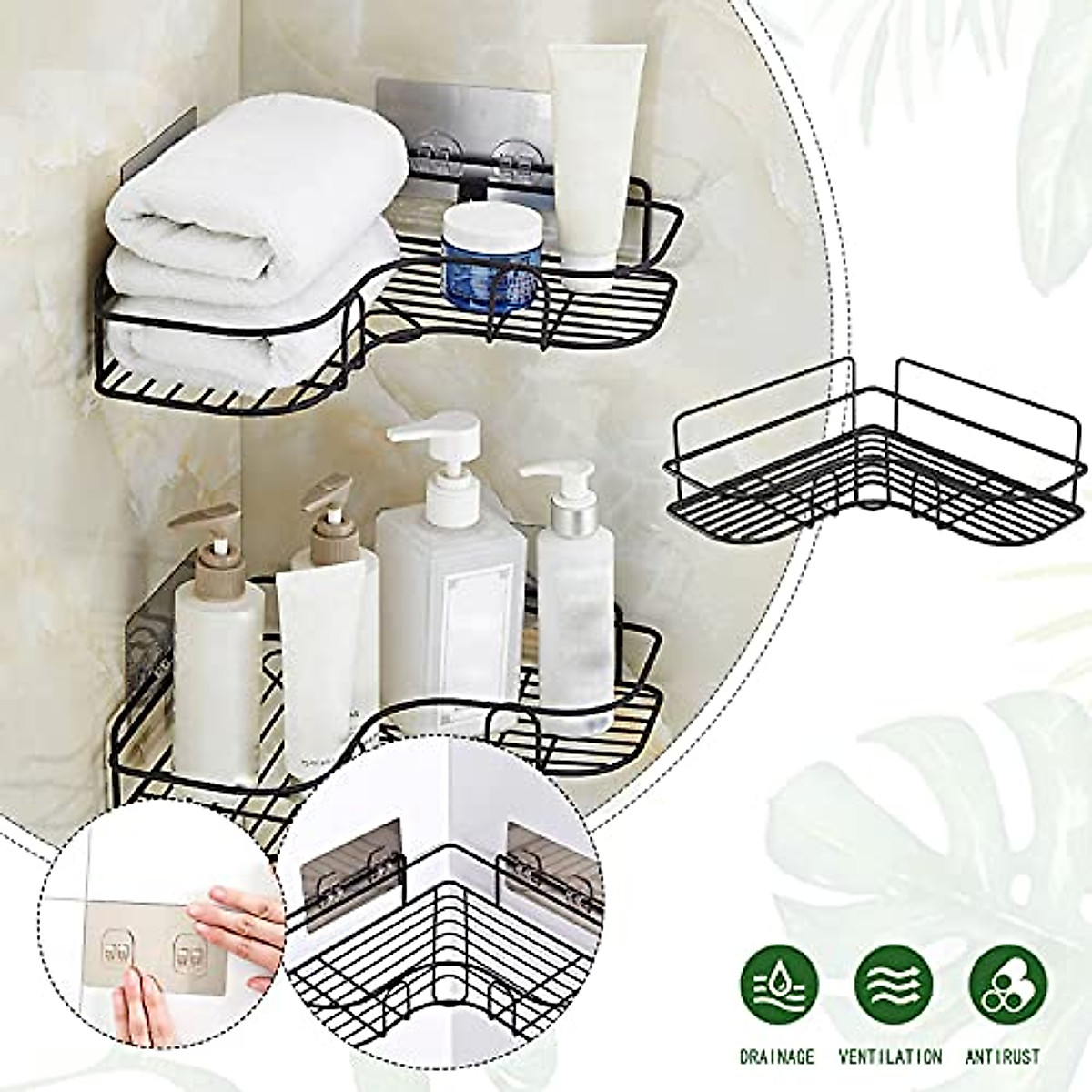 Totruning Corner Shower Caddy Adhesive Shelf Bathroom Shower Organizer Shower Storage for Inside Shower Wall Mounted No Drilling Stainless Steel Shower Holder Rack for Bathtub and Kitchen (Black)