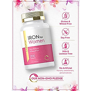 Iron Pills for Women | 45mg | 200 Slow Release Tablets | Vegetarian, Non-GMO, Gluten Free Supplement | by Carlyle