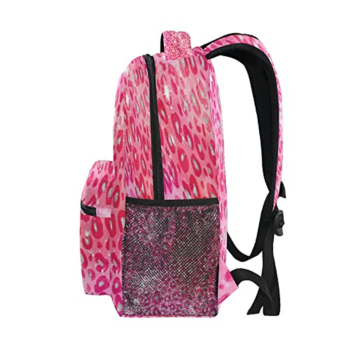 Pink Red Sparkling Leopard Kids Backpack Backpacks for Girls Silver Back Pack Casual Daypack 16 inch Laptop Bag Double Zipper Travel Sports Bags with Adjustable Shoulder Strap